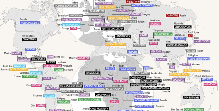 World Map Reveals What Each Country Is Famous For - WORLD OF BUZZ