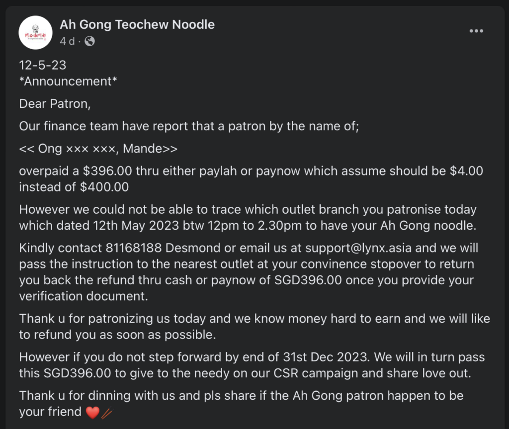 Honest S'pore Hawker Finds & Returns Money to Patron Who Mistakenly ...