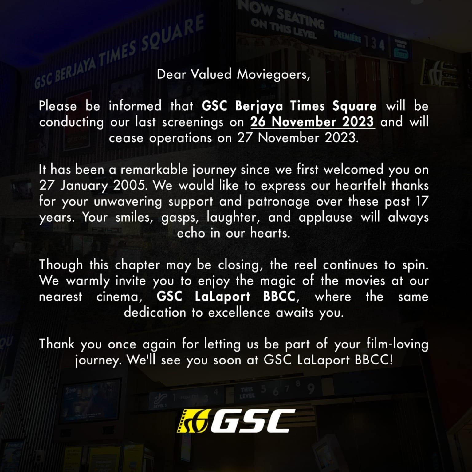 Golden Screen Cinemas Announces Permanent Closure of GSC Berjaya Times ...