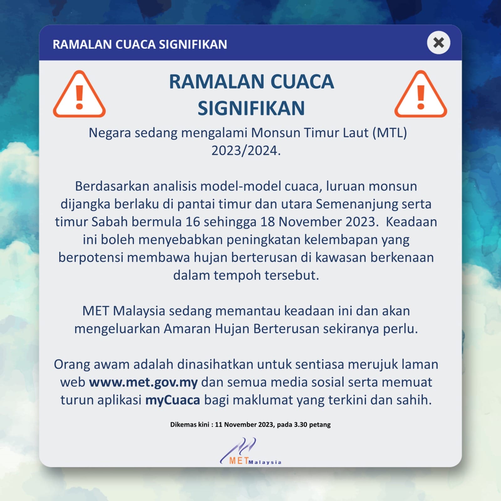 MetMalaysia: Expect Continous Rain in Most Parts of Malaysia from 16 to ...